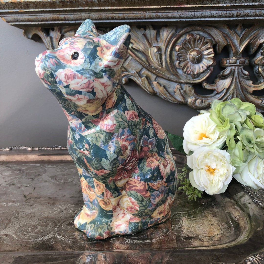 Vintage Cat Sculpture, Large Decoupage Ceramic Kitten, Floral, Cat ...