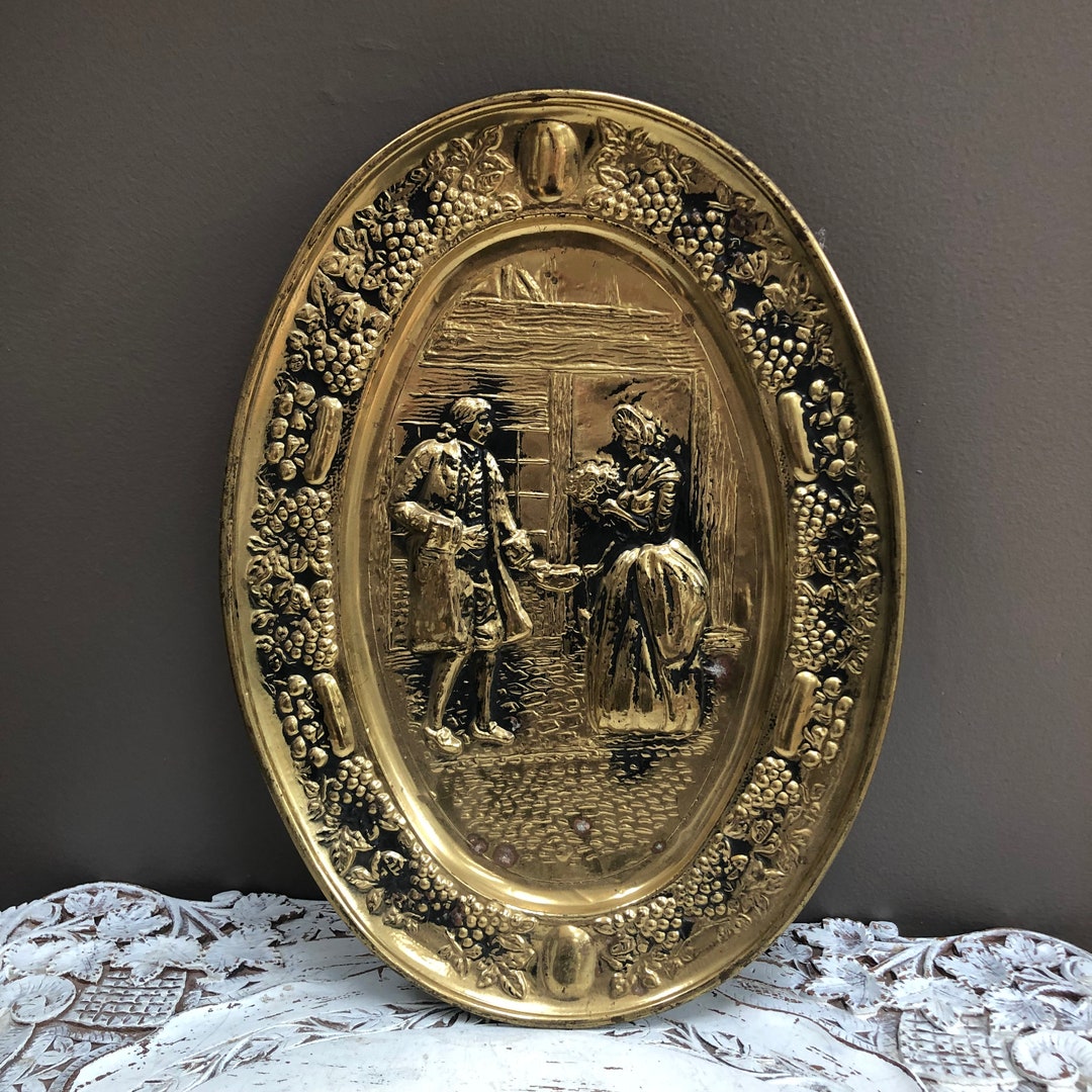 Vintage Large Brass Wall Medallion Plate, Oval, Victorian Couple ...