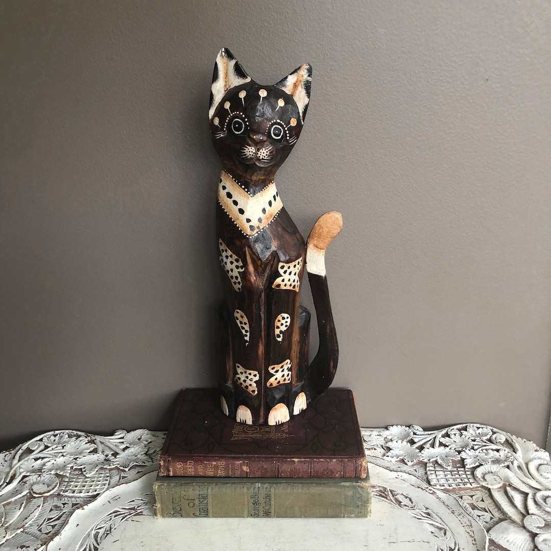 Vintage Wood Cat Sculpture, Large, Hand-carved, Painted, Folk Art ...