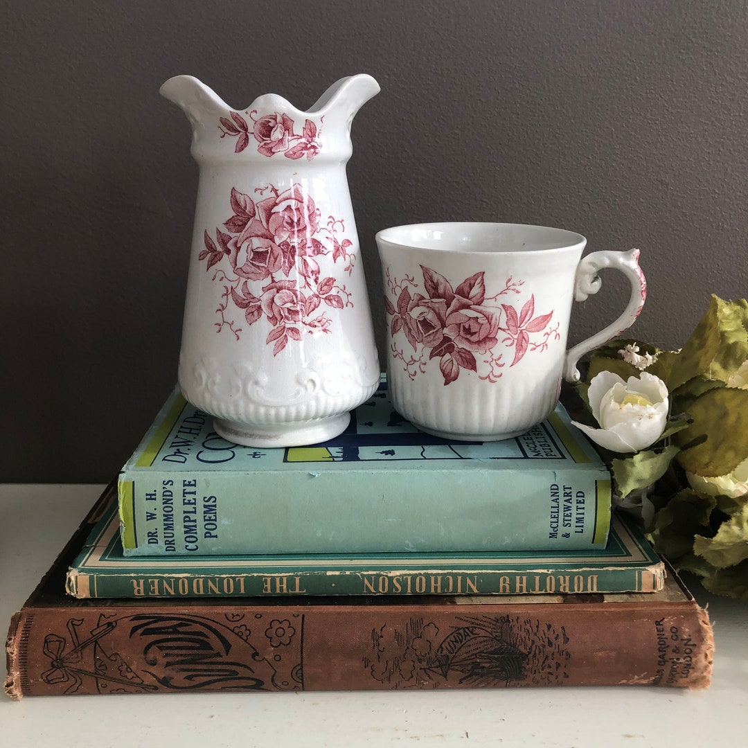 Antique Red Transferware Vase and Mug / Teacup Set, Floral, Burgundy ...