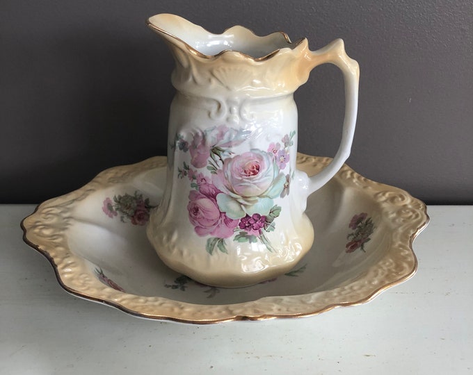 Vintage James Kent Old Foley Pitcher and Wash Basin Yellow Pink Roses ...