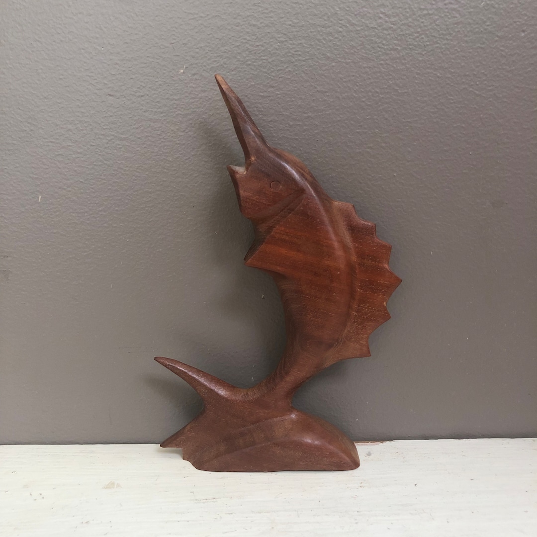 Vintage Teak Swordfish Sculpture, Carved Wood, MCM, Oceanic Nautical ...