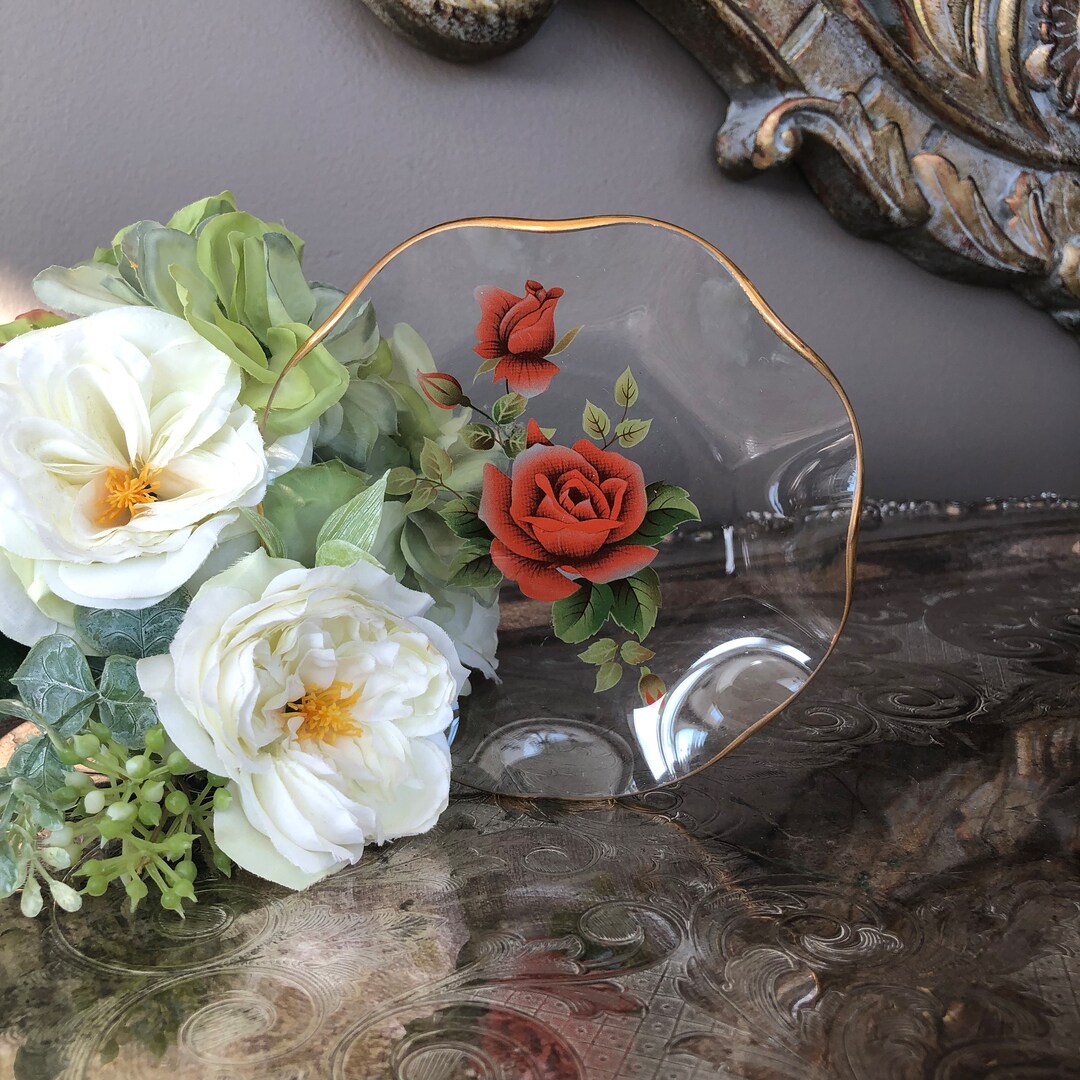 Vintage Chance Glass Sovereign Rose Dish,england, Red Floral, Gold Gilt ...