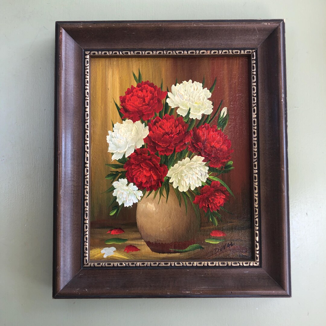 Original Vintage Oil Floral Painting, Signed Art, Duval, Red and White ...
