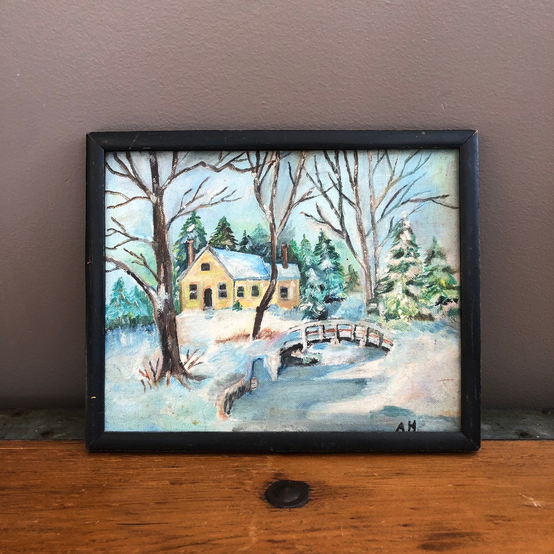 Vintage Mid Century Landscape Painting, Winter Landscape Scene ...