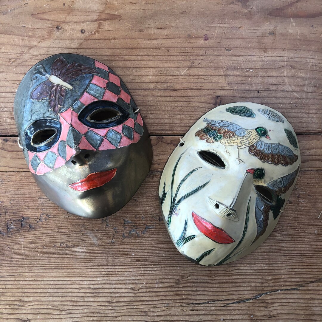 Vintage Brass Cloisonné Masks, Drama, Wall Hanging Decor, Mime ...
