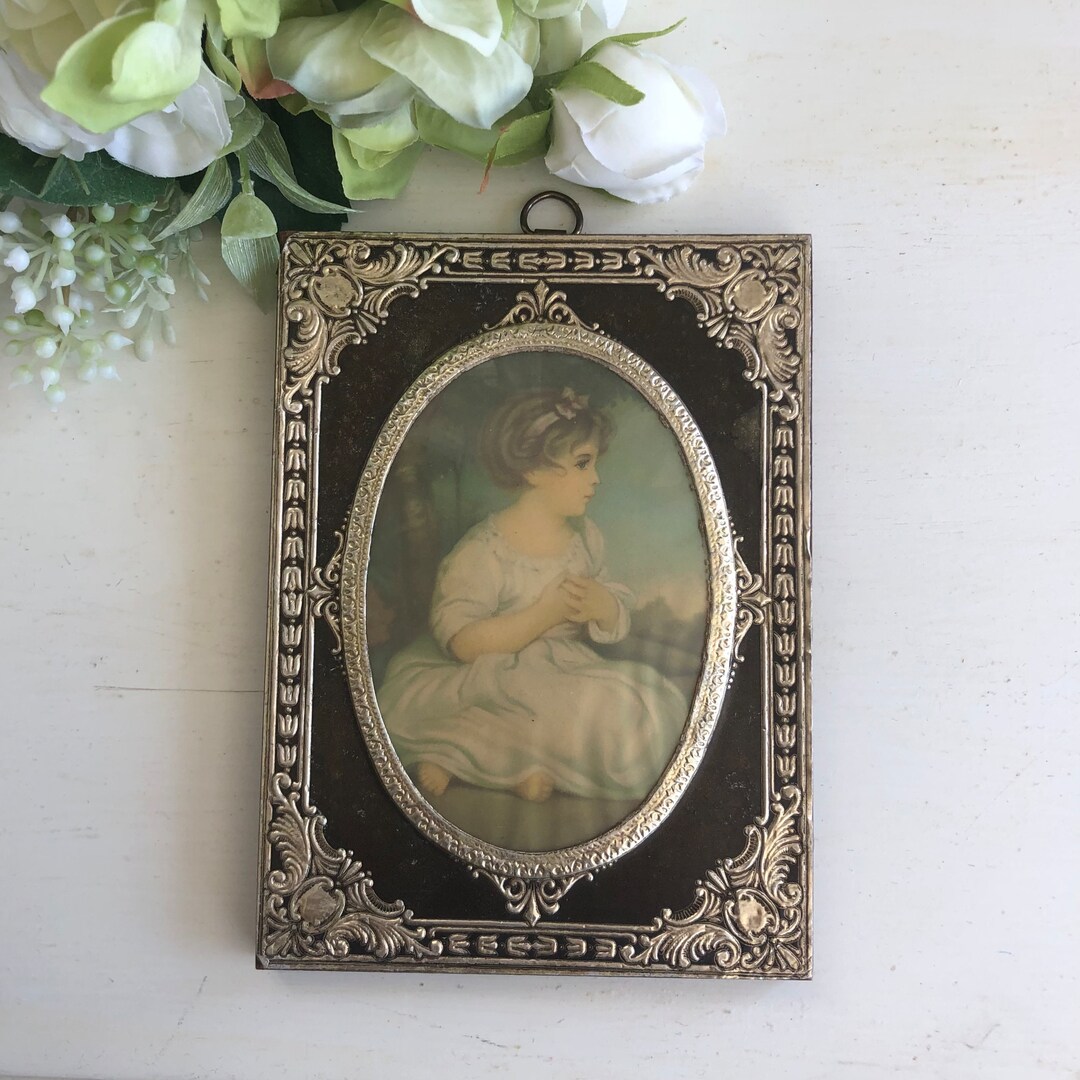 Vintage Framed Portrait Wall Art, Metal and Wood Ornate Frame, Child ...