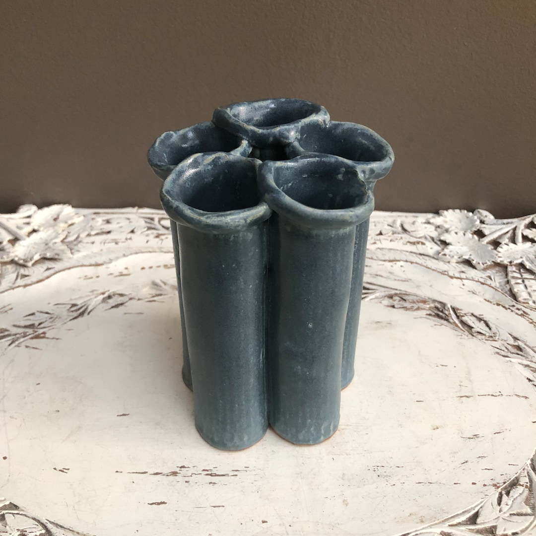 Vintage Blue Studio Pottery Vase, Signed, Unique Tubular Flower Vessel ...