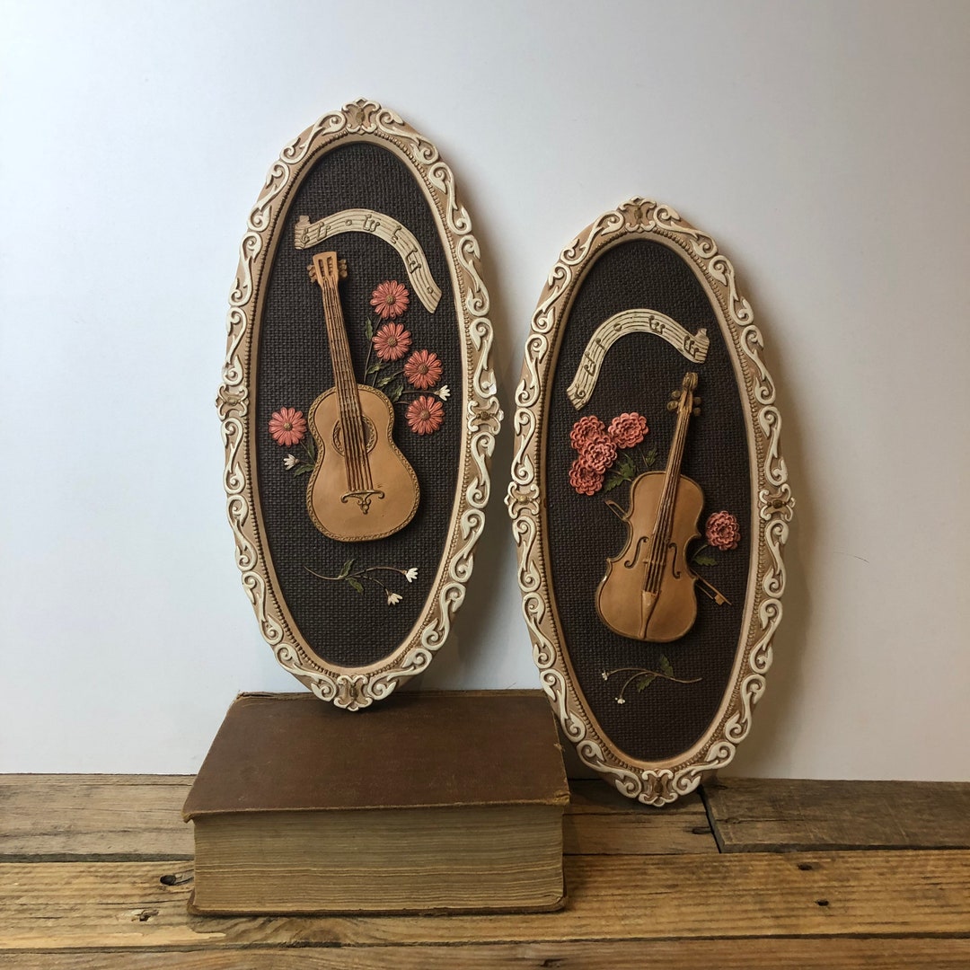 Vintage Chalkware Wall Relief Art, Violin, Guitar, Flowers, Musical ...
