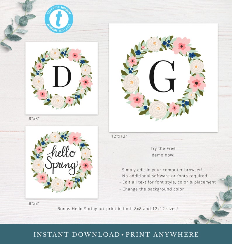 Custom Floral Wreath Monogram Printable Floral Personalized - Etsy