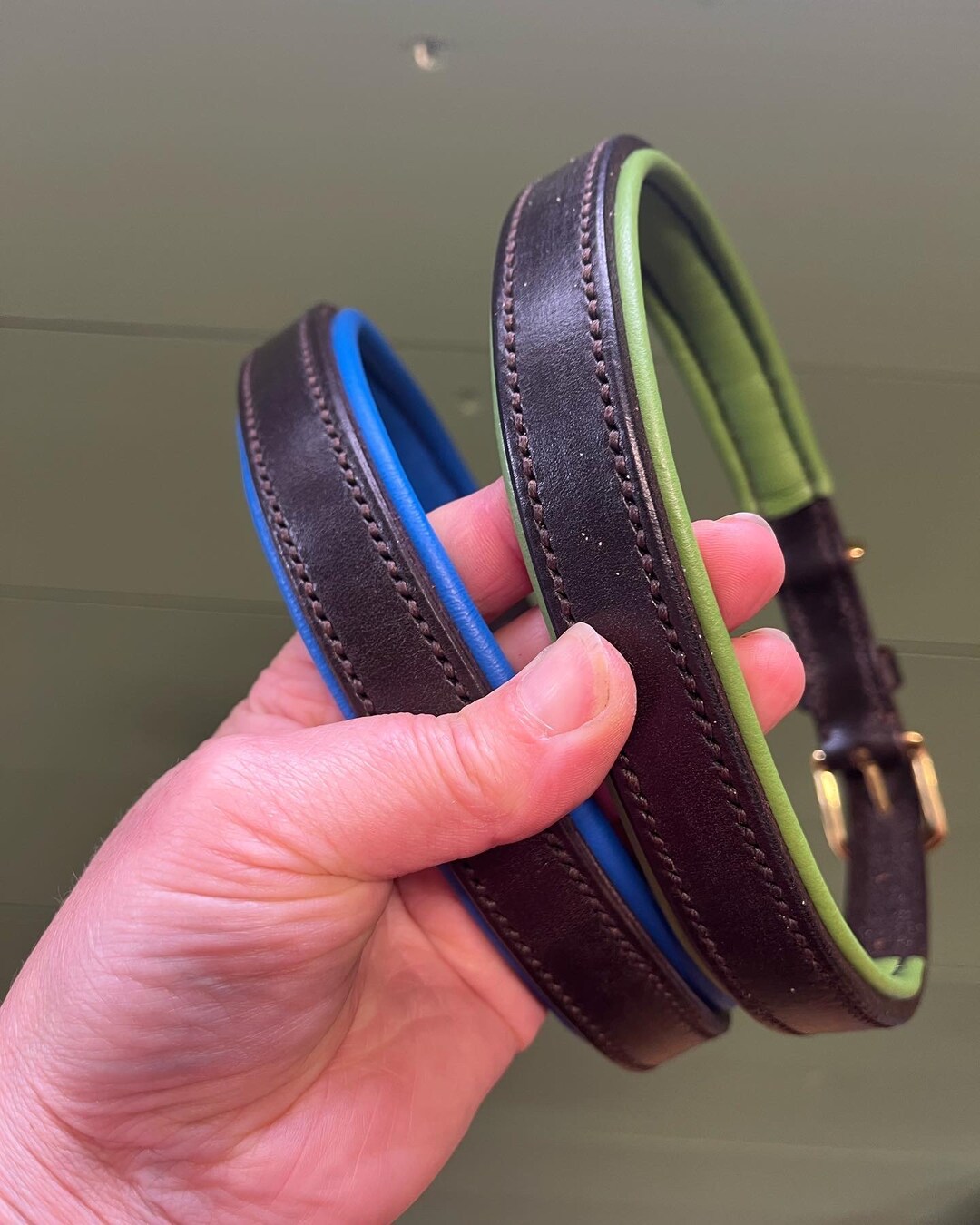 Padded Bridle Leather Dog Collar, Dog Collar With Lime Green Padding ...
