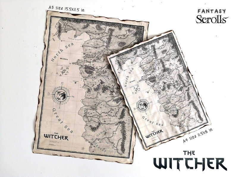 Handmade the Witcher World Map Scroll, Northern Kingdoms, Aged Paper ...