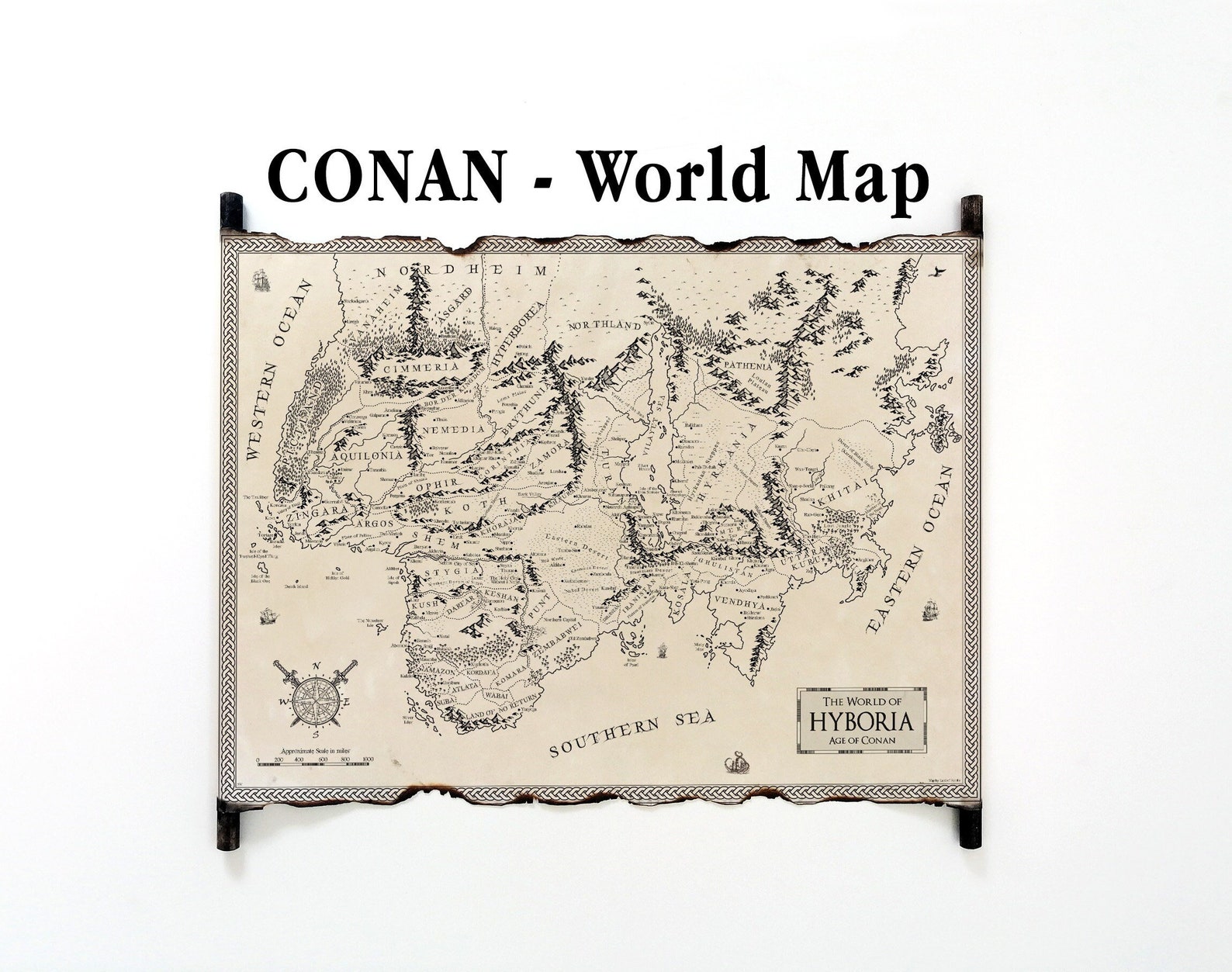 The World of Hyboria, Conan Map on Handmade Scroll, Hyborian Age of the ...