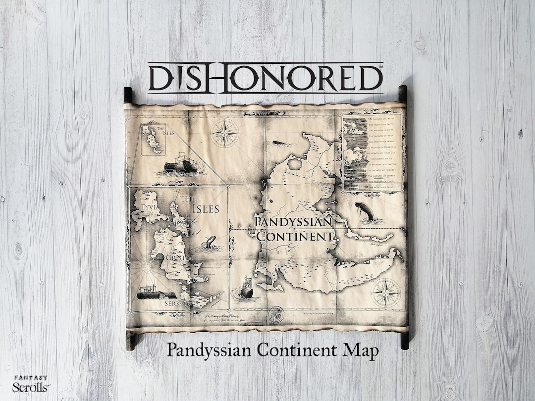 Dishonored World Map on Handmade Scroll, Pandyssian Continent Map ...