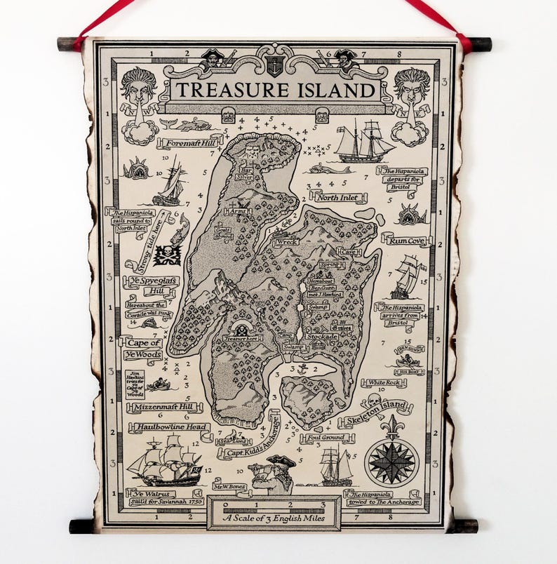 Treasure Island Map on Handmade Scroll, Pirate Home Decor, Robert Louis ...