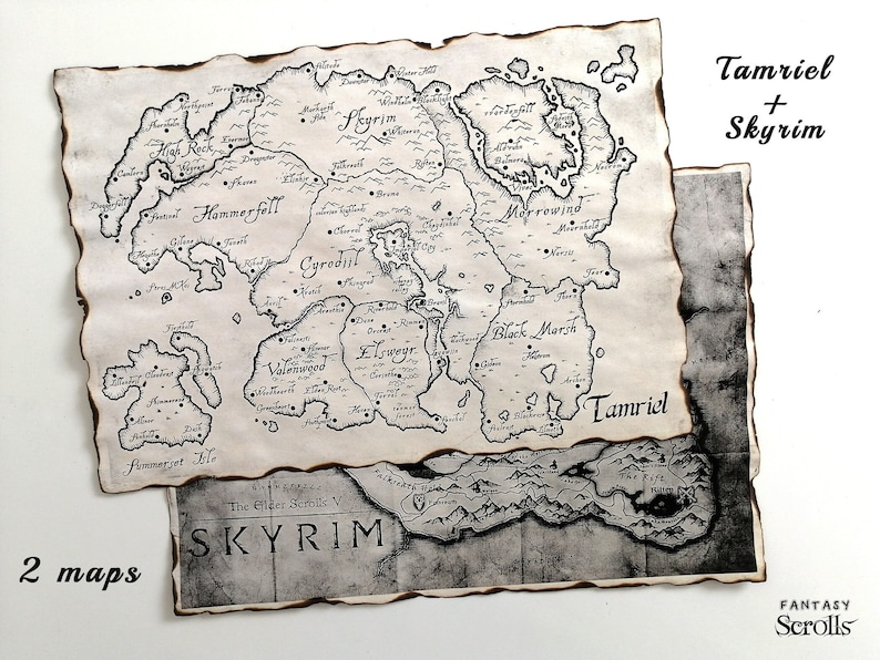 2 MAPS, Tamriel and Skyrim Map Set, Aged Paper, Elder Scrolls Gift - Etsy