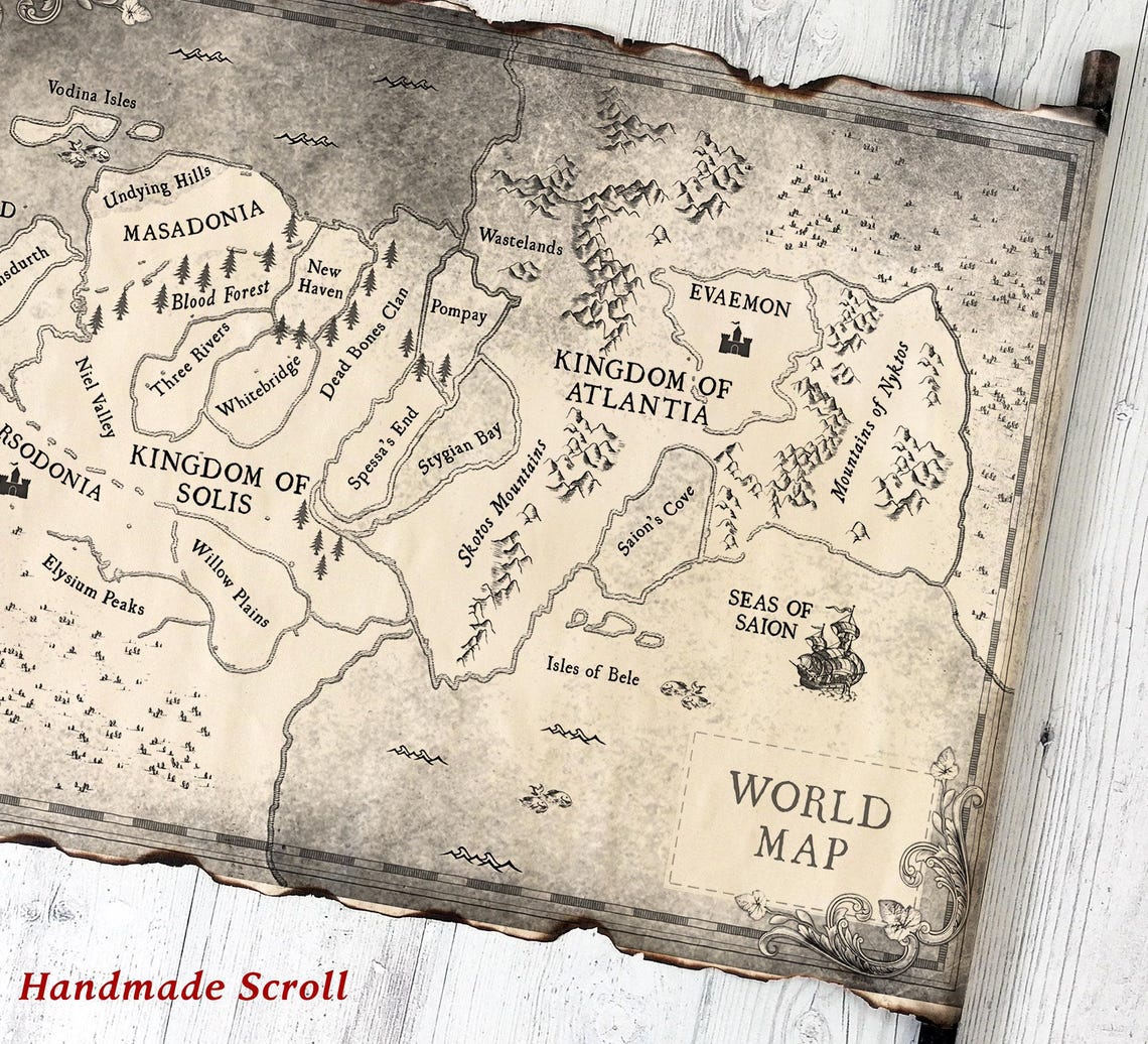 Kingdoms of Solis and Atlantia World Map on Handmade Scroll, Blood and ...