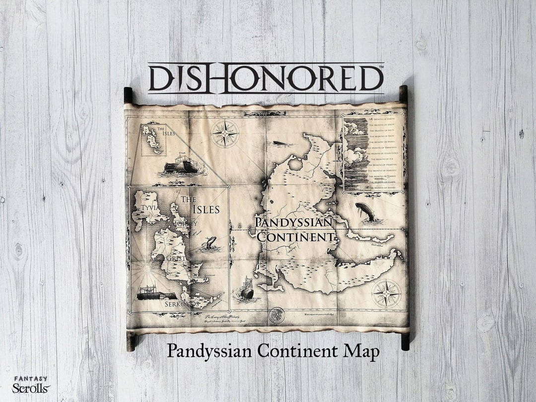 Dishonored Map on Handmade Scroll, Pandyssian Continent, Video Game Art ...