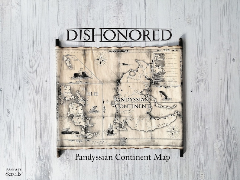 Dishonored Map on Handmade Scroll, Pandyssian Continent, Video Game Art ...
