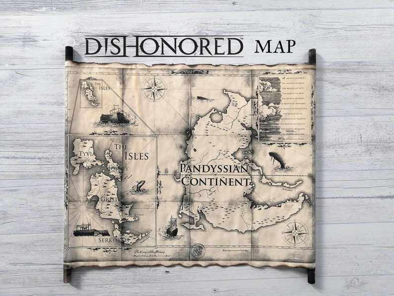 Dishonored Map on Handmade Scroll, Pandyssian Continent, Video Game Art ...