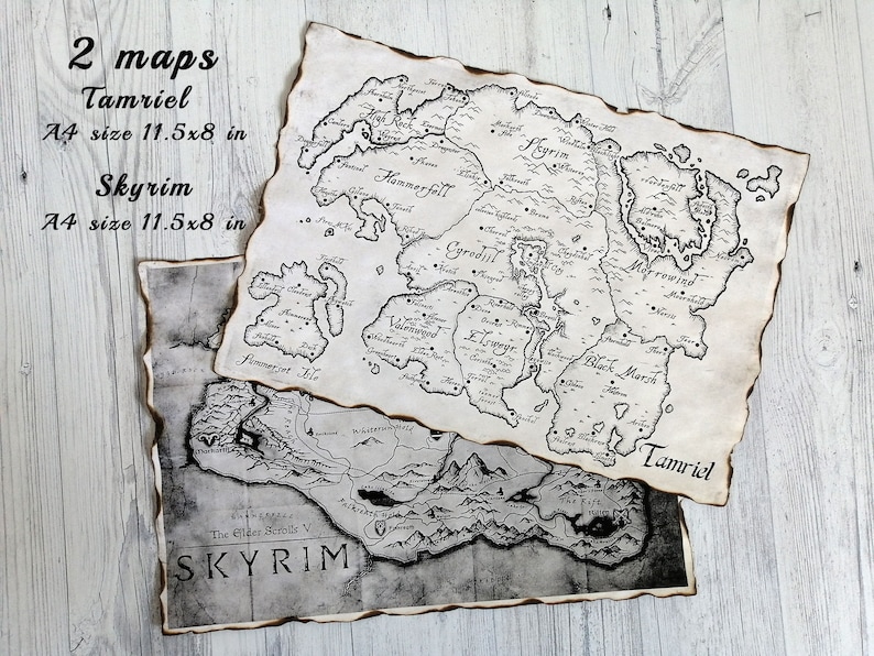 2 MAPS, Tamriel and Skyrim Map Set, Aged Paper, Elder Scrolls Gift - Etsy