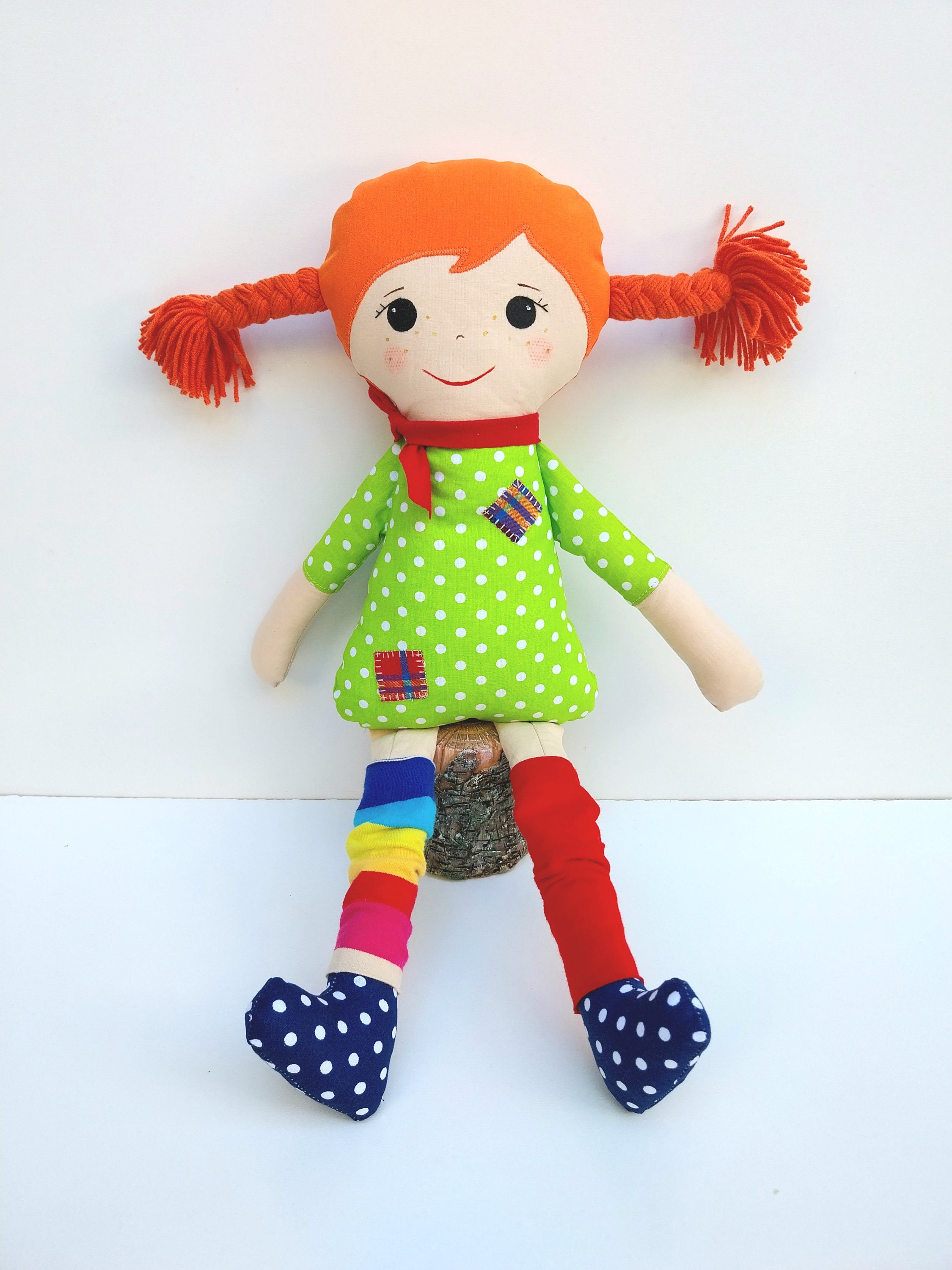 Pippi, Doll With Long Socks, Soft Toy, Handmade Fabric Doll, Rag Doll ...