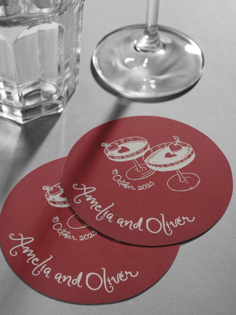 Printed Coasters, Whimsical Martini Burgundy Wedding Love Cocktail ...