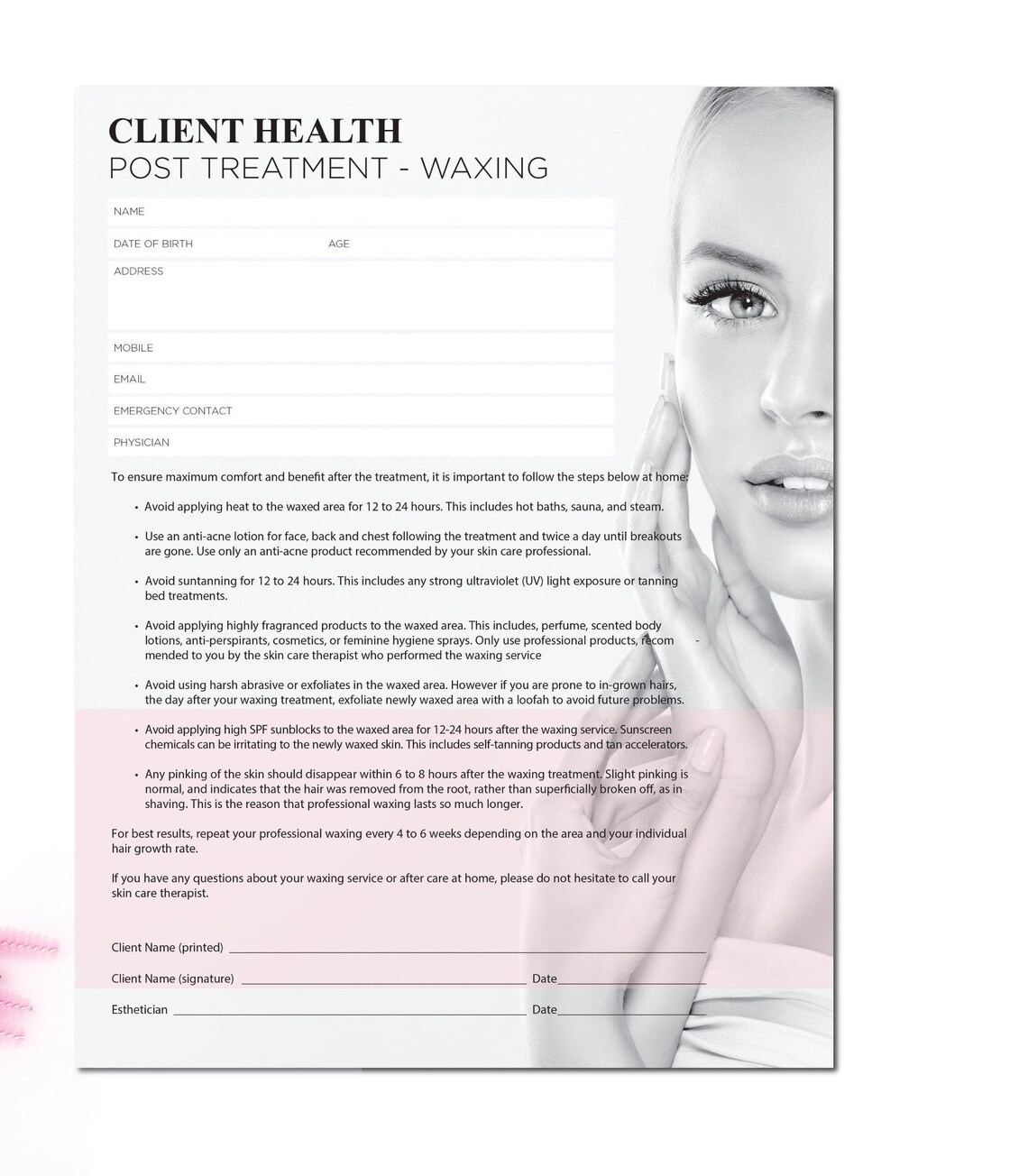 WAXING Client Health Post Treatment Form Esthetician Form | Etsy