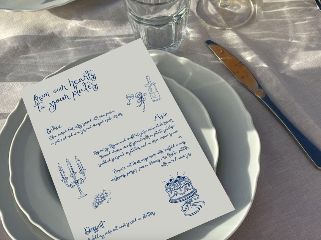 Printed Romantic Illustrated Wedding Menu Card – Hand Drawn Custom ...
