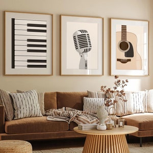 Set of 3 Music Posters - Piano, Guitar & Microphone - Gifts for ...