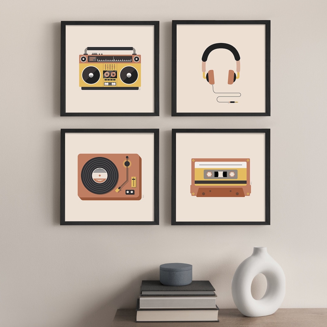 Set of 4 Music Art Posters - Mid Century Styled Prints of Boombox ...