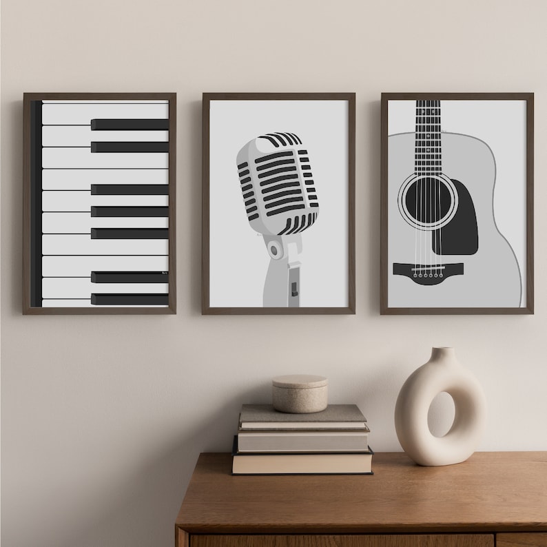 Set of 3 Music Posters - Piano, Guitar & Microphone - Gifts for ...