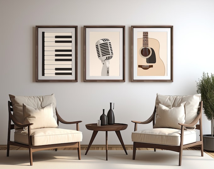 Set of 3 Music Posters - Piano, Guitar & Microphone - Gifts for ...