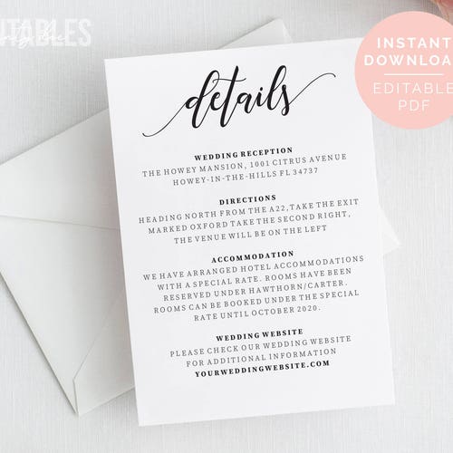 Wedding Details Template Wedding Details Printable Enclosure - Etsy