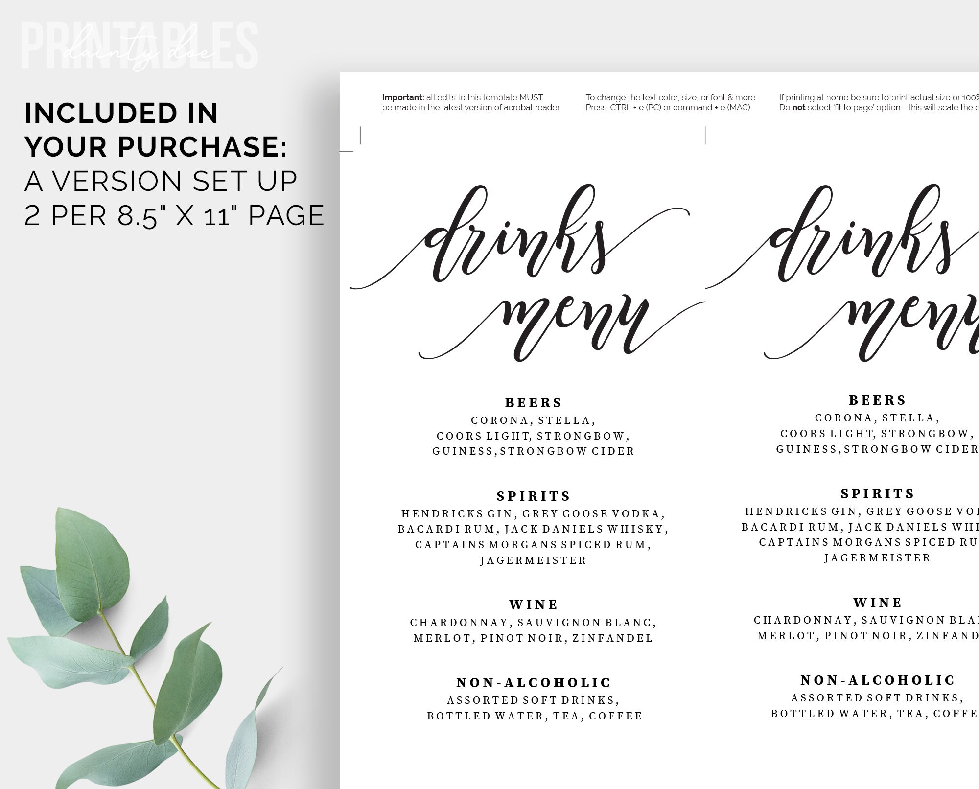 Editable Drinks Menu Printable Bar Menu Editable Wedding | Etsy