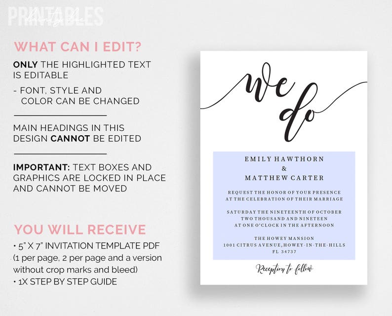 Printable Editable Wedding Invitation Invitation Template - Etsy
