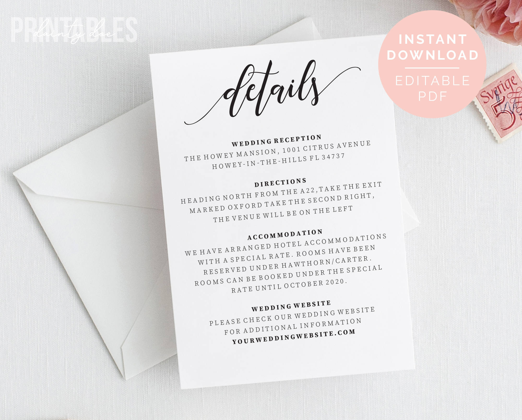 Wedding Details Card Template Printable Details Card Wedding Detail 
