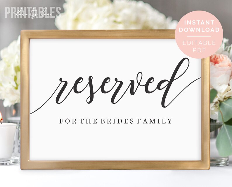 Printable Wedding Reserved Sign Editable Reserved Template | Etsy