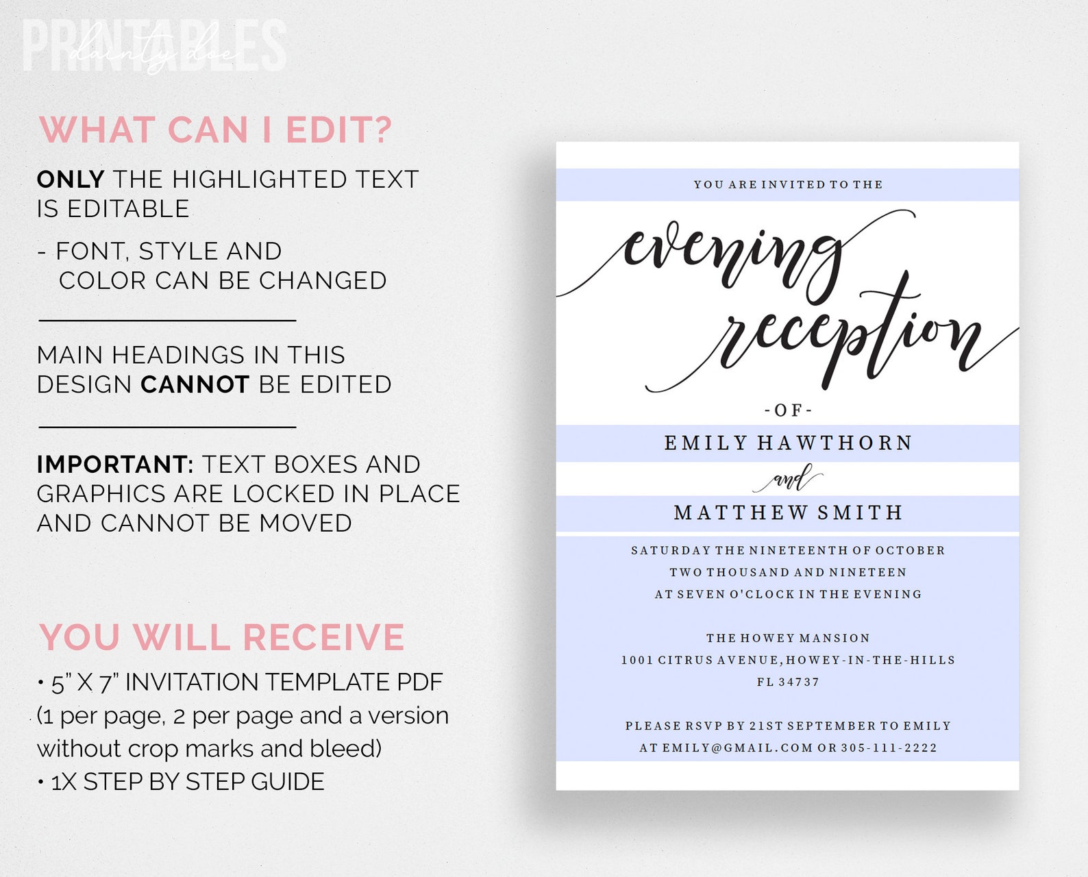 Wedding Evening Invitation Template Evening Reception Invite DIY ...