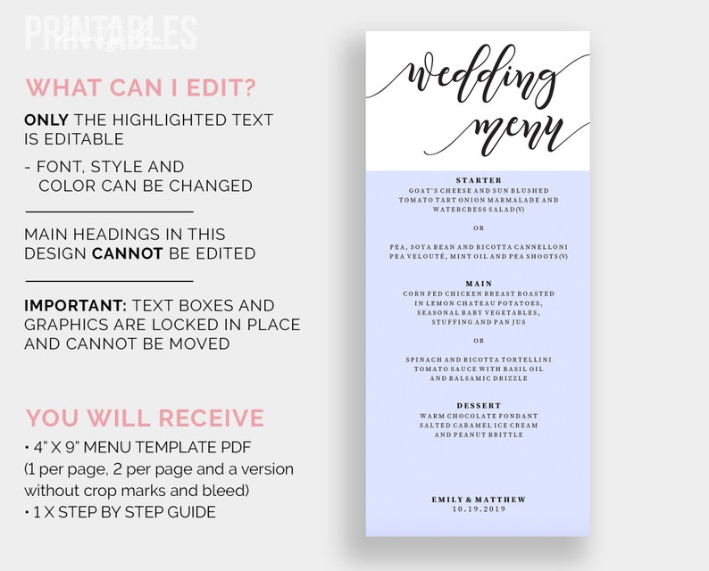 Editable Menu Template Printable Wedding Menu Editable - Etsy