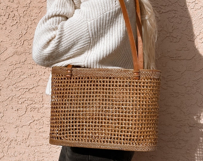 Straw Bag Leather Handle, Rattan Bag Bucket, French Market Tote, Beach ...