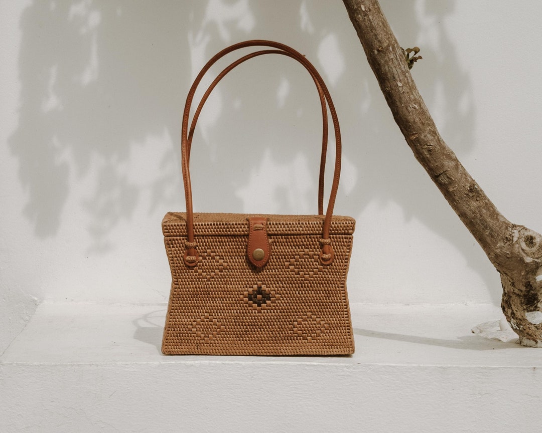 Rattan Bag Leather Handle, Straw Handbag Lined, Rattan Bag Bucket ...