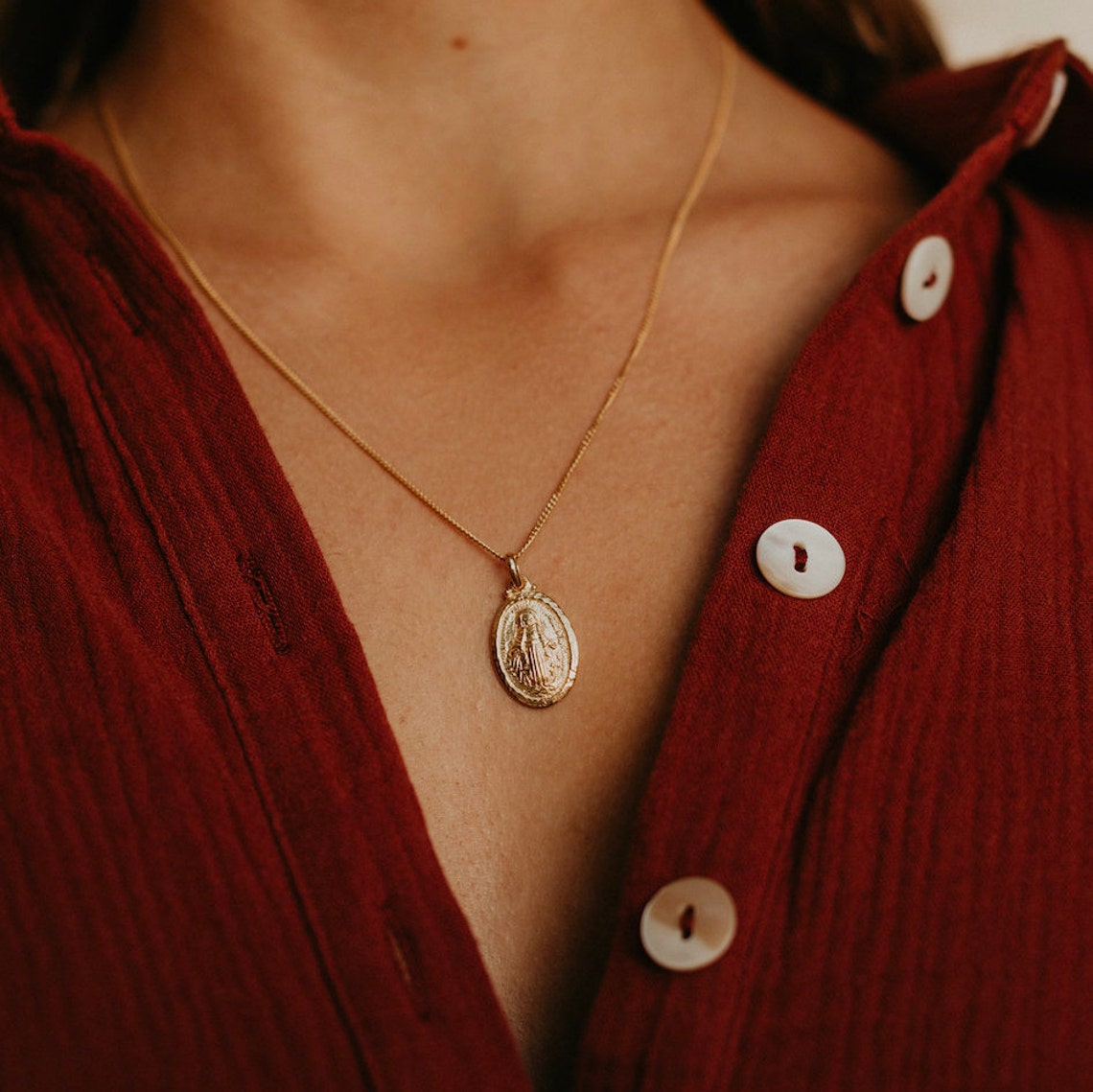 Virgin Mary Necklace Gold Long Oval Saint Mary Pendant | Etsy