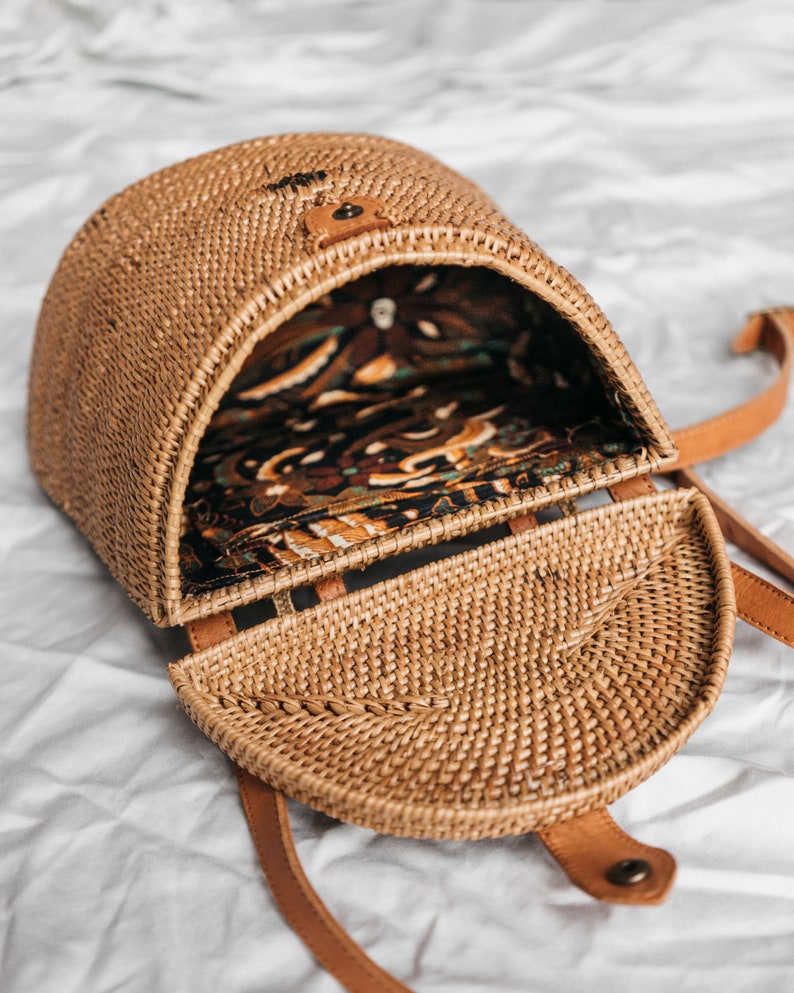 Handwoven Rattan Backpack, Leather Straps, Balinese Batik Lining - Etsy