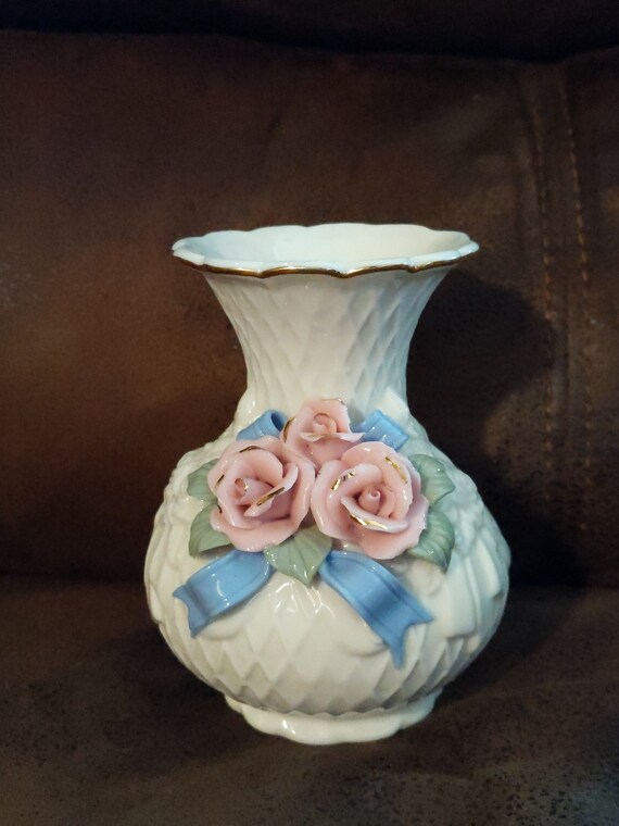 Vintage Porcelain Vase Gold Trim Pink Roses | Etsy