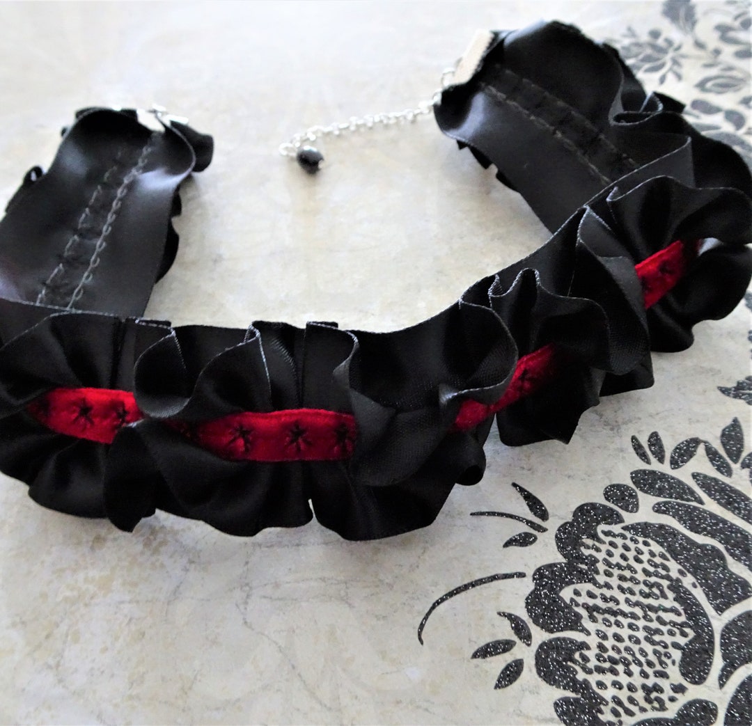 Black Ruffled Satin Choker: Red Ribbon, Steampunk Saloon Girl Costume ...