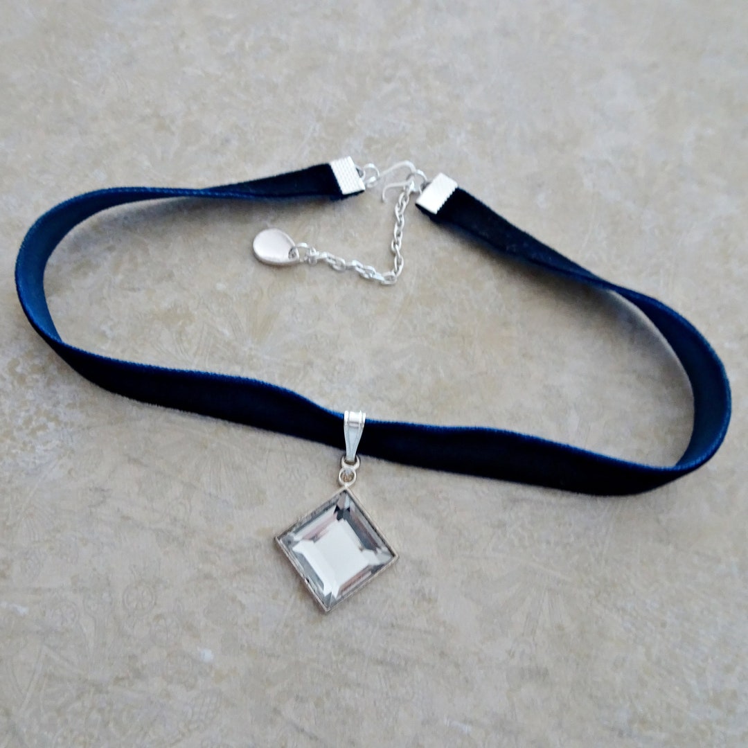 Navy Blue Velvet Choker Necklace Rhinestone Pendant Navy Blue Choker ...
