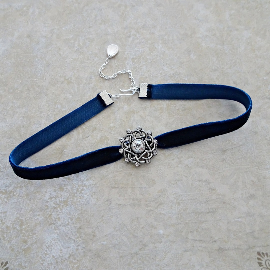 Navy Blue Velvet Choker Necklace - Rhinestone Navy Blue Choker Necklace ...