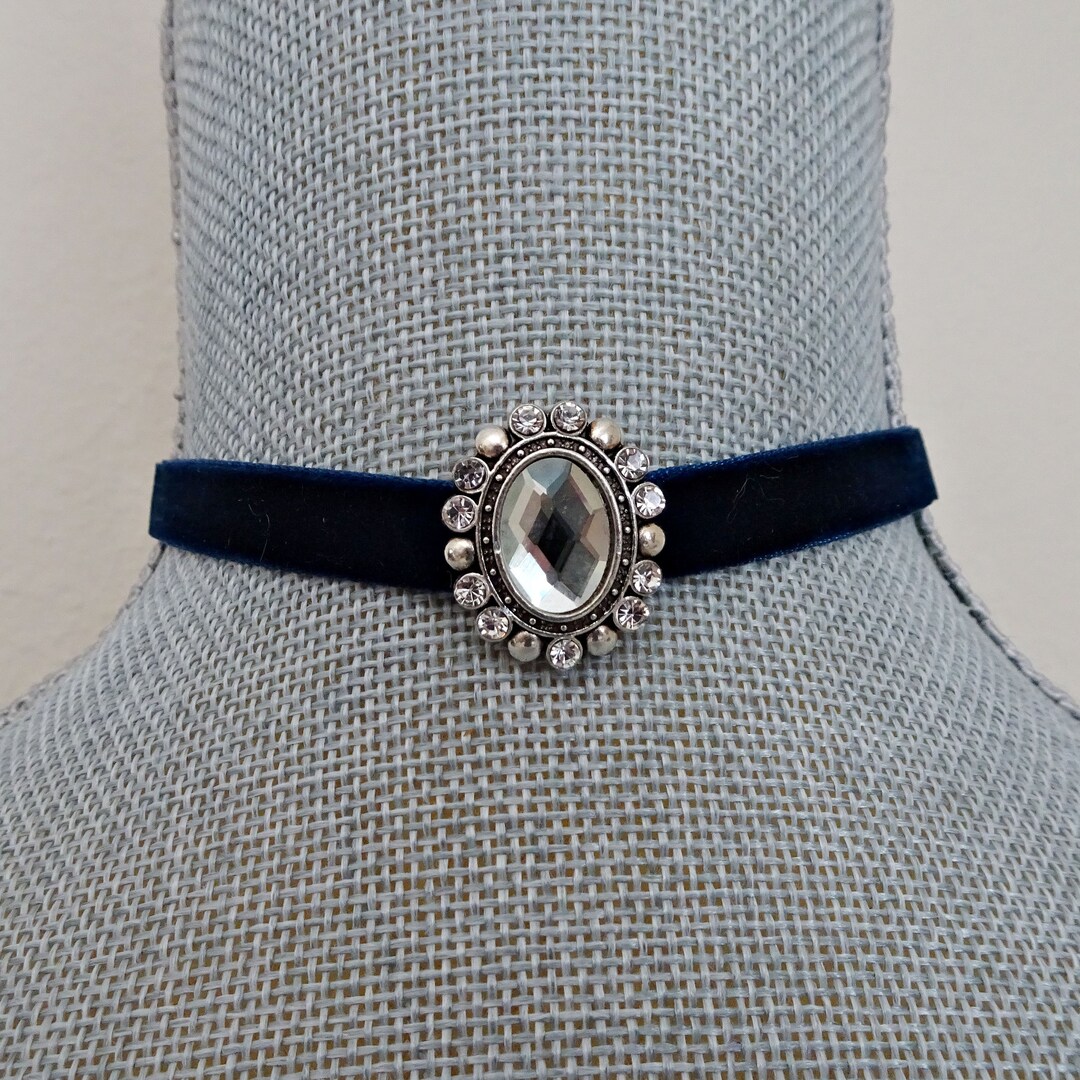 Navy Blue Velvet Choker Necklace - Rhinestone Navy Blue Choker Necklace ...