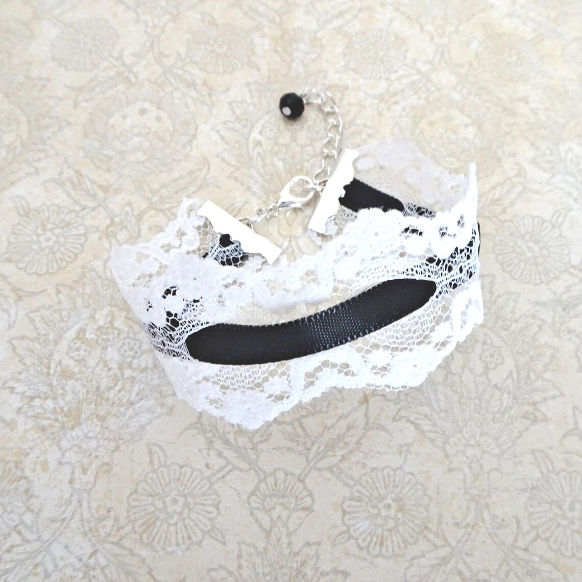 White Lace Cuff Bracelet: Black Ribbon, French Maid Costume - Etsy